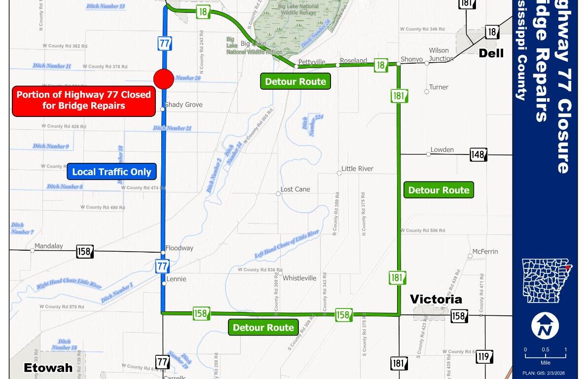 ARDOT announces full closure of a portion of Highway-77 south of Manila ...